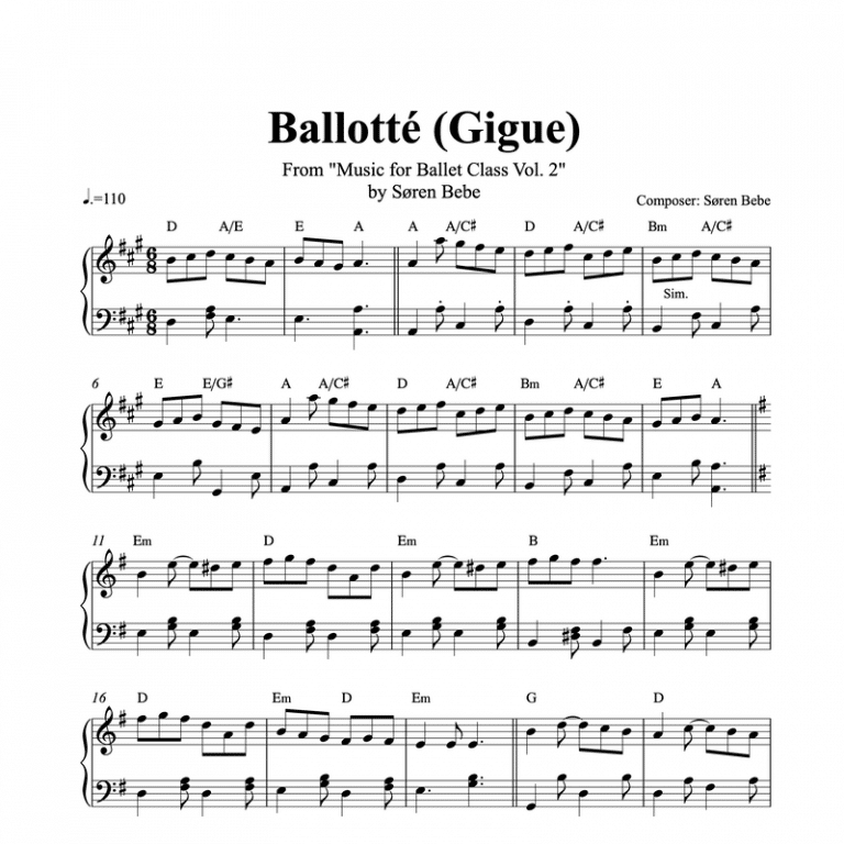 Complete Sheet Music for "Music for Ballet Class, vol.5" by Søren Bebe.