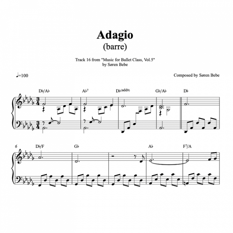"Adagio" piano sheet music for ballet class by Søren Bebe